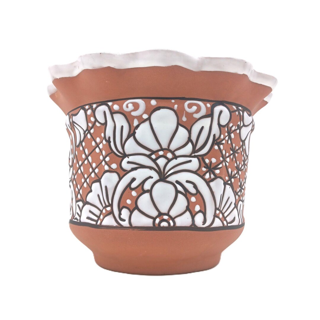 Pottery Planter Mexican Engobe Clay Flower Pot White Embossed Talavera ...