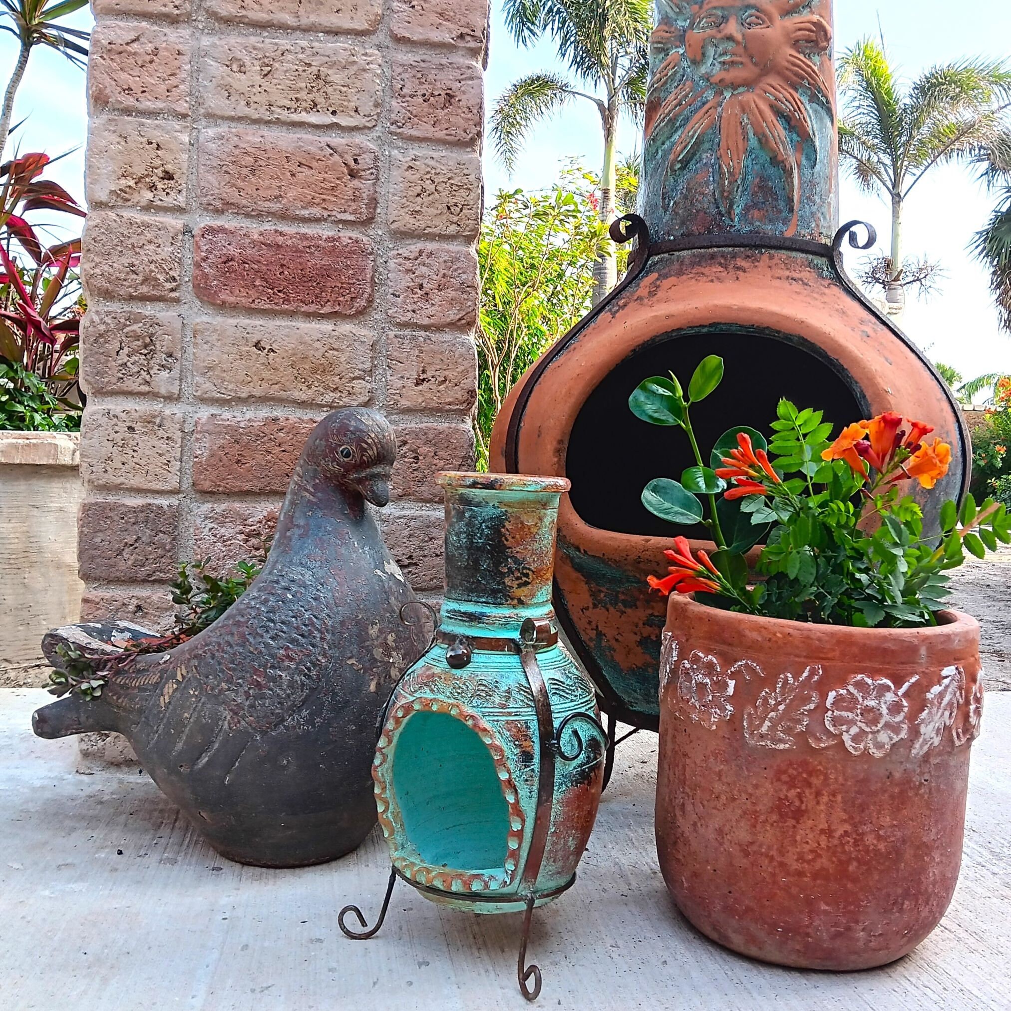 Tabletop Chiminea Mexican Clay Pottery Candle Incense Firepit in Iron ...