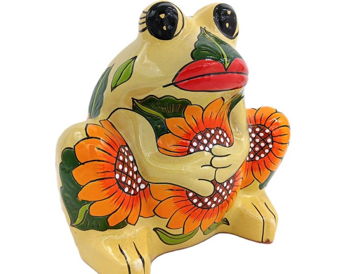 Talavera Pottery Frog Planter Animal Shape Flower Pot Sunflower Green ...
