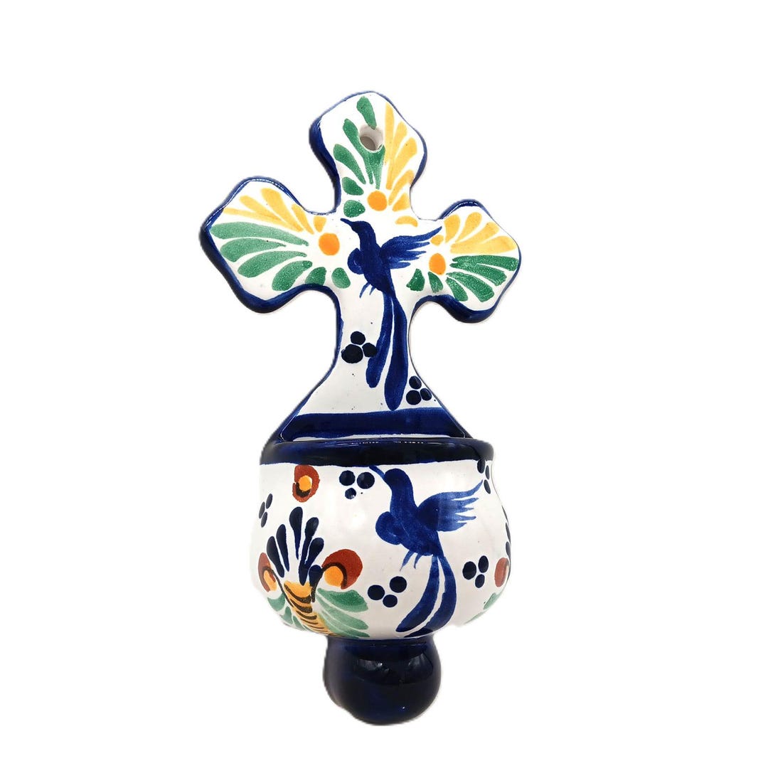 Religious Wall Cross Talavera Pottery Mexican Holy Water Dove Blue ...
