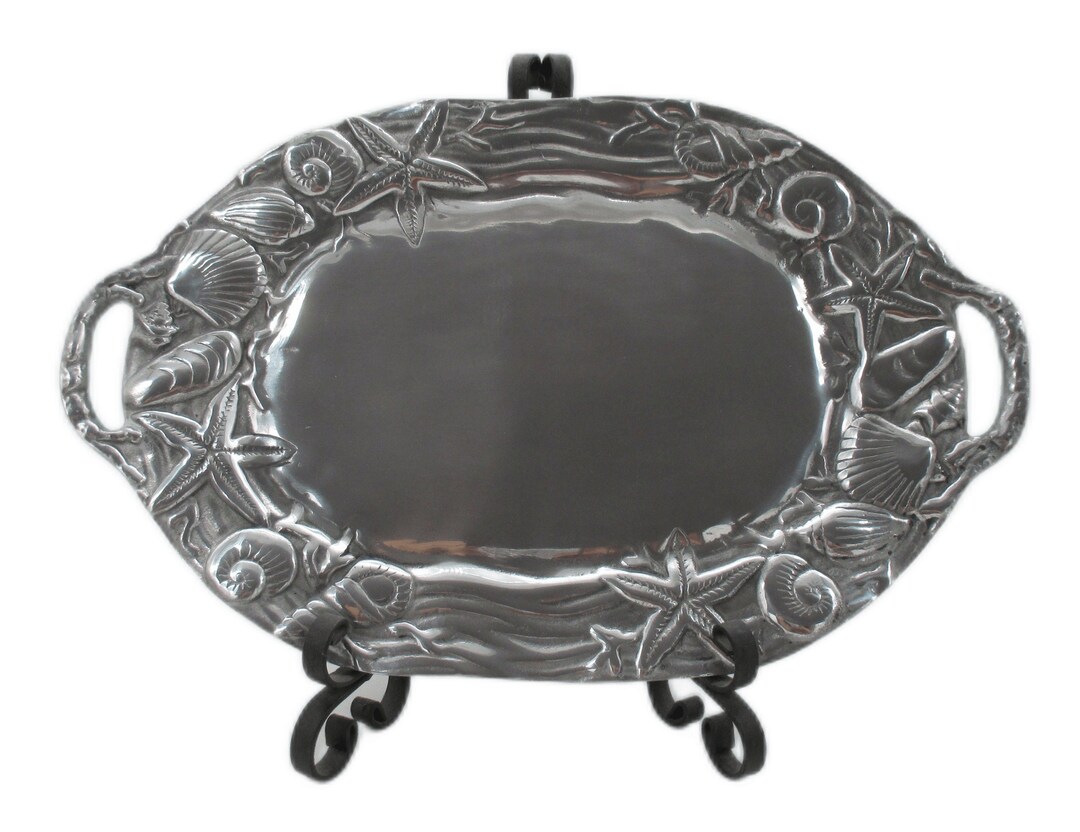 Pewter Serving Platter Kitchen Seafood Tray Nautical Starfish Clam Sea ...
