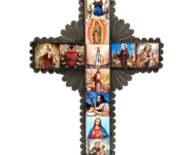 Tin Wall Cross Mexican Virgin Jesus Saint Anthony Wood Tile Folk Art ...