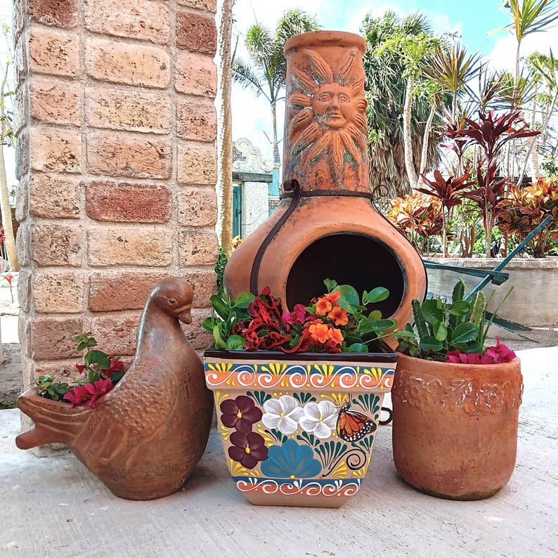 Mexican Engobe Clay Pottery Planter Flower Pot Butterfly Ceramic ...