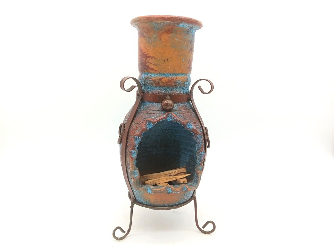 Tabletop Chiminea Mexican Clay Pottery Candle Incense Firepit in Iron ...