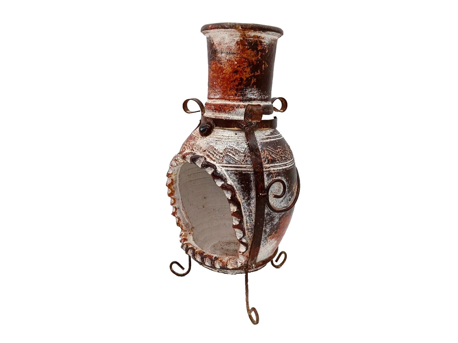 Tabletop Chiminea Mexican Clay Pottery Candle Incense Firepit in Iron ...