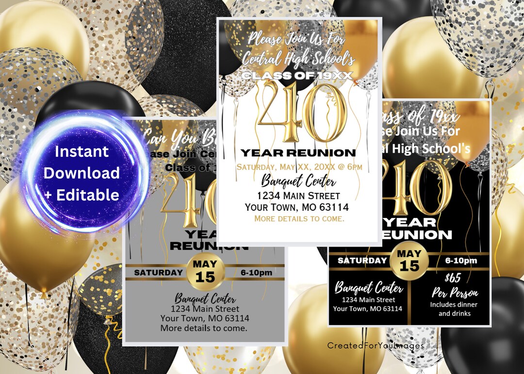 Reunion Invitation, 40 Year High School Reunion Invitation, Editable, 5x7in Class Reunion ...