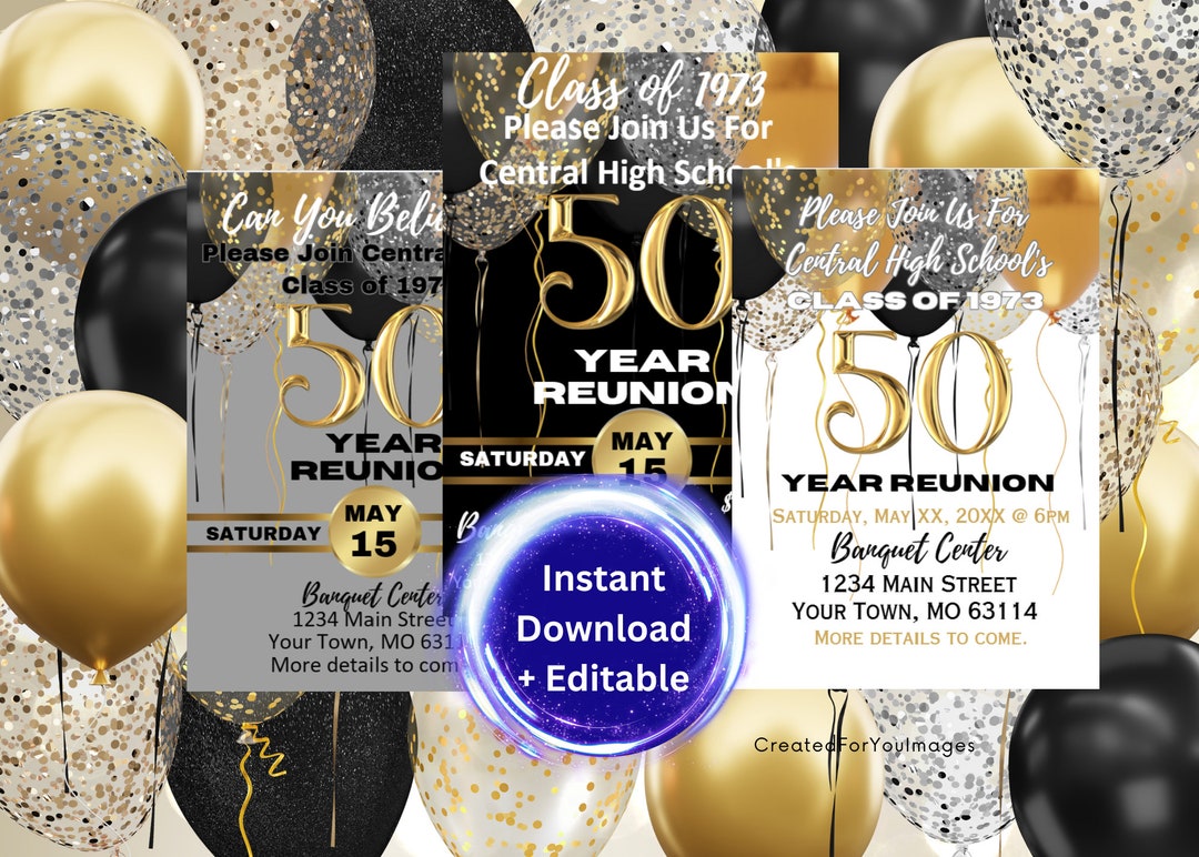 Class Reunion Invitations, 50 Year Class Reunion, Editable, 5x7in, 3 ...