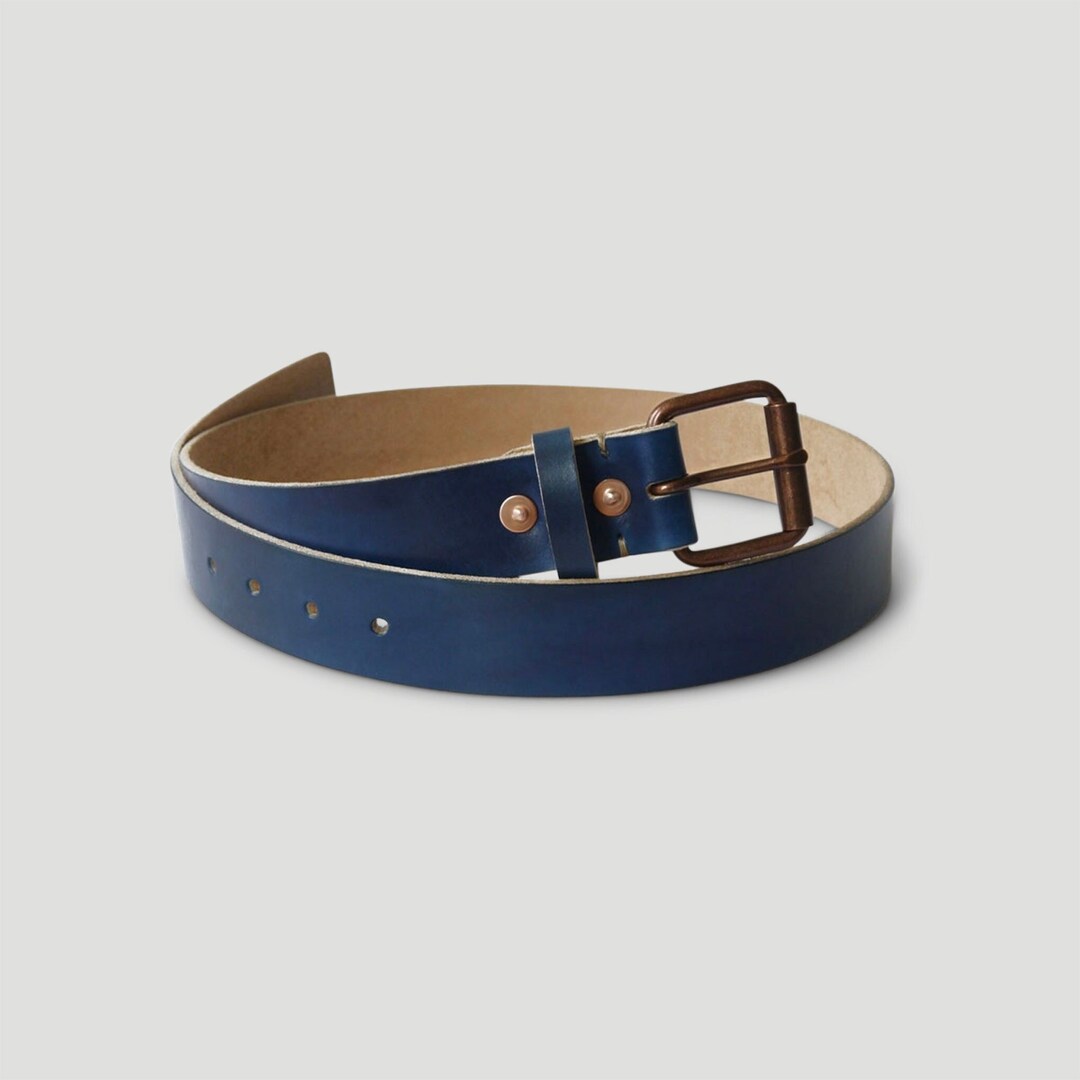 Mens Handmade Dark Blue Leather Belt, Copper Buckles and Rivets - Etsy