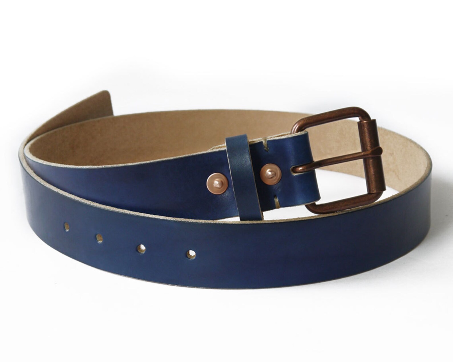 Mens Handmade Dark Blue Leather Belt, Copper Buckles and Rivets - Etsy
