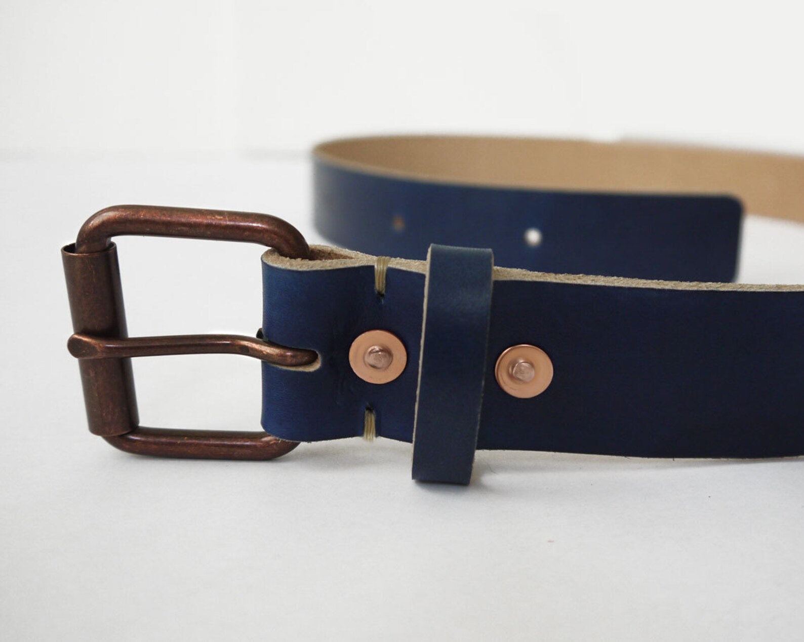 Mens Handmade Dark Blue Leather Belt Copper Buckles and - Etsy