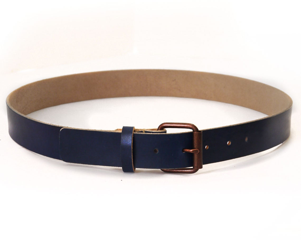 Mens Handmade Dark Blue Leather Belt Copper Buckles and - Etsy