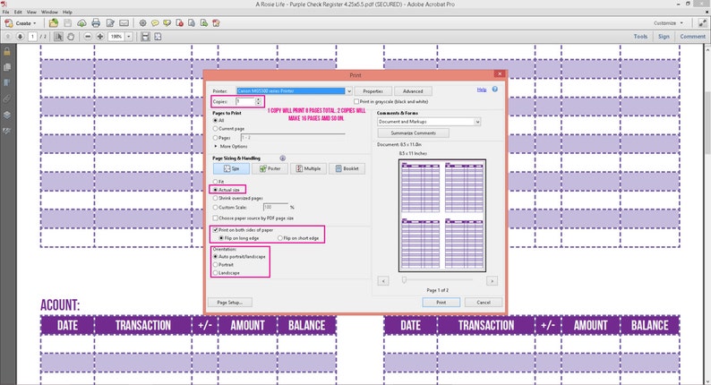 Purple Check Register Insert - DIY Instant Digital Download PDF 4.25x5 ...