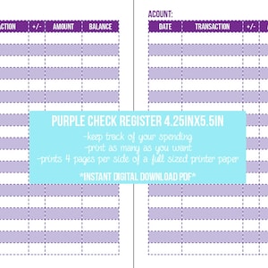 Purple Check Register Insert - DIY Instant Digital Download PDF 4.25x5 ...