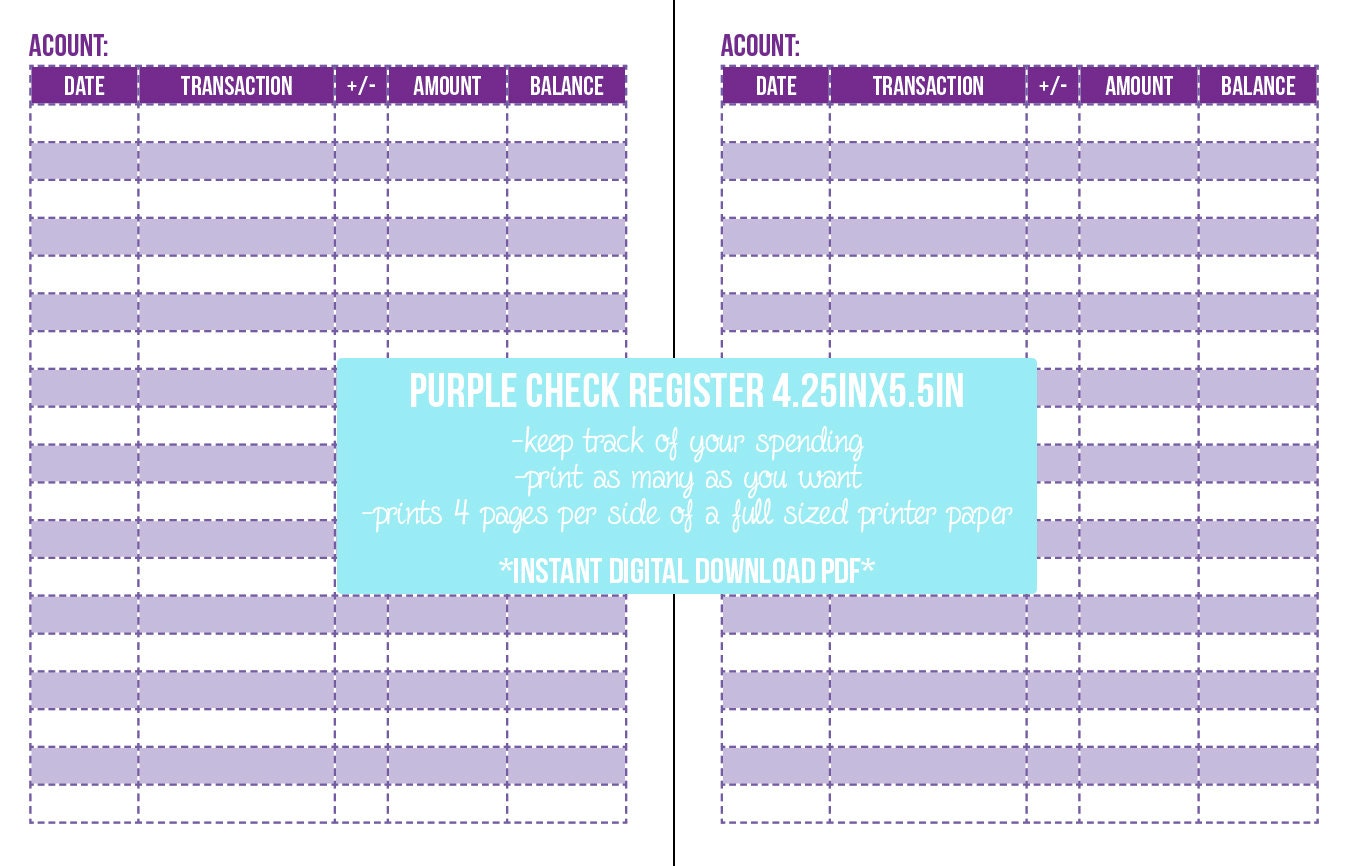 Purple Check Register Insert - DIY Instant Digital Download PDF 4.25x5 ...