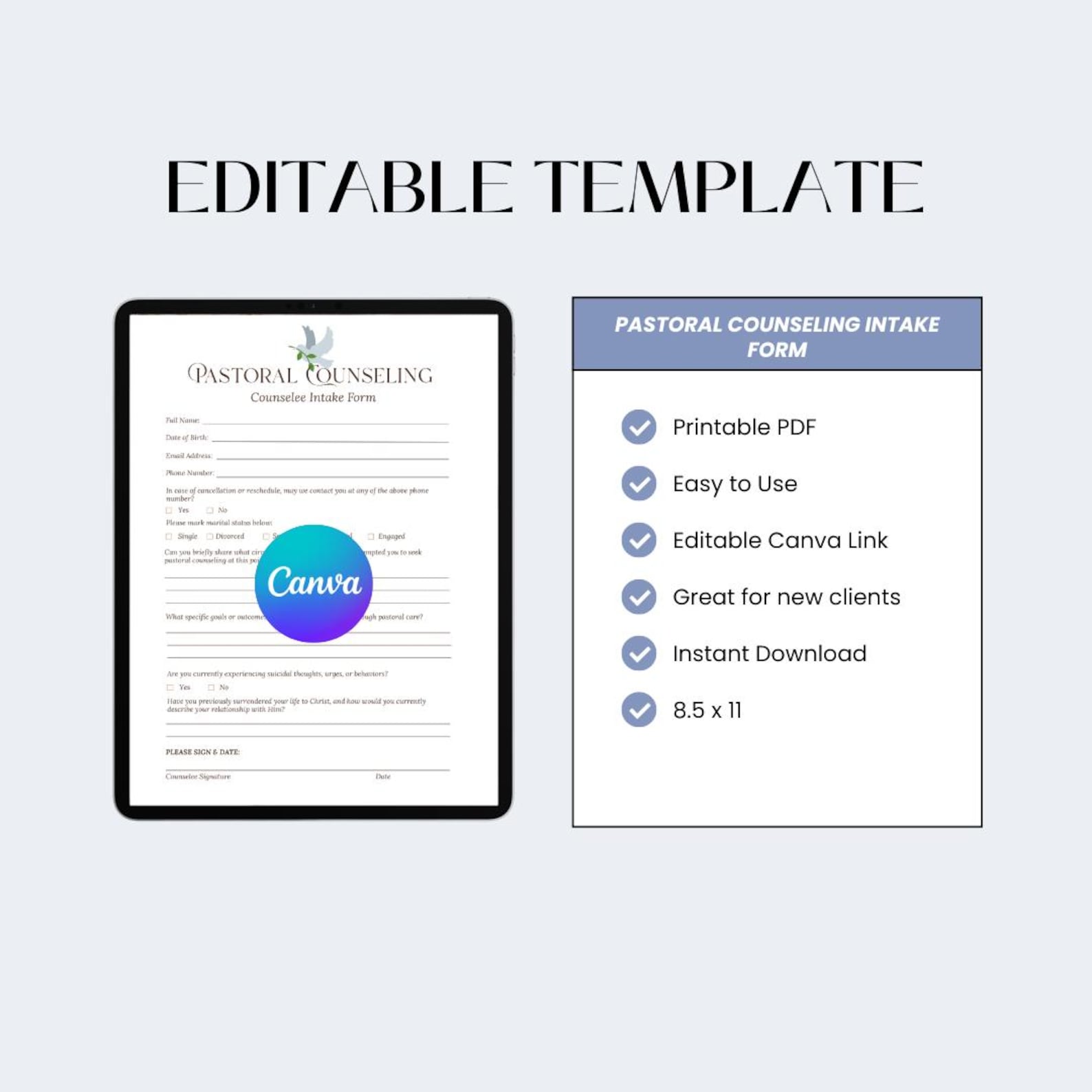 Pastoral Counseling Intake Form - Printable PDF and Editable Canva Link ...