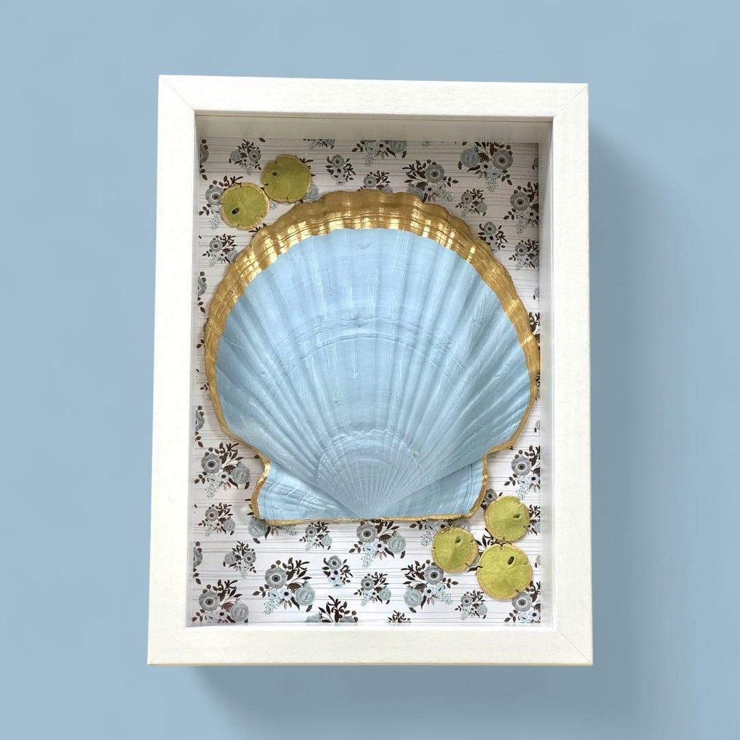 Blue Scallop Gold Trim Seashell - Green Sand Dollars 5x7 White Shadow ...