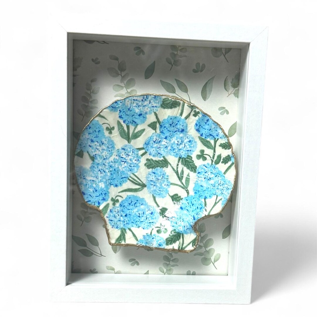 Scallop Shell Shadow Box 5x7 | Blue Hydrangea Flower Decoupage Seashell ...