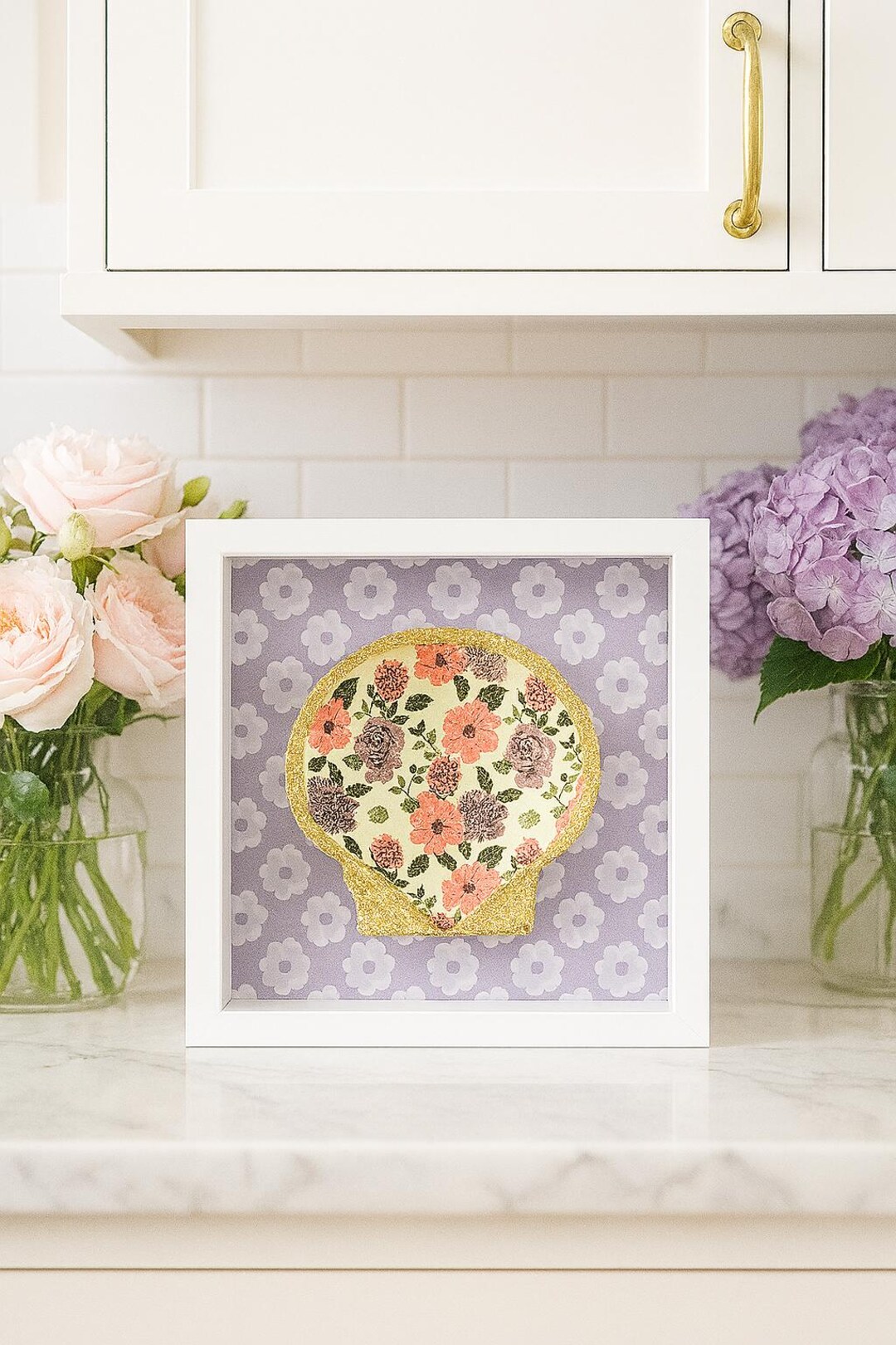 Floral Scallop Shell Shadow Box: Gold Trim Botanical Cottagecore Wall ...