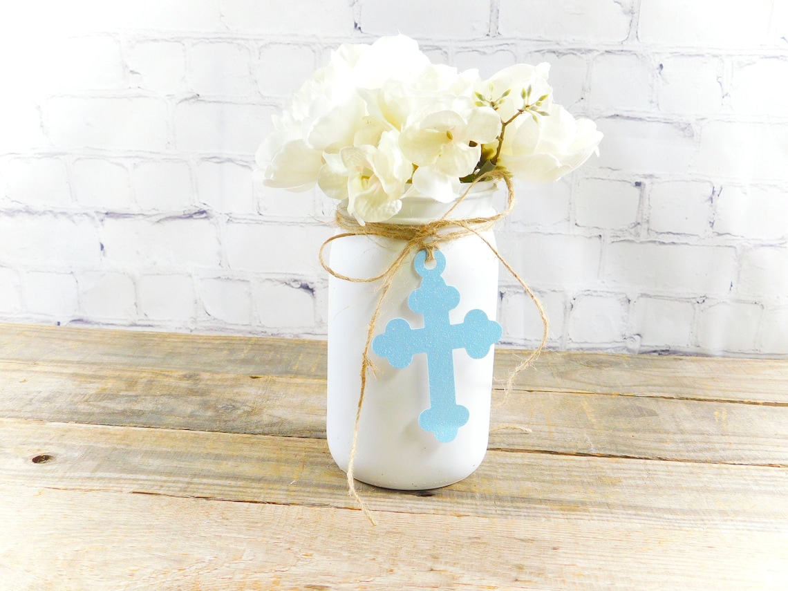 Baptism Centerpiece Cross / Christening Decor / Rustic Mason Jar ...