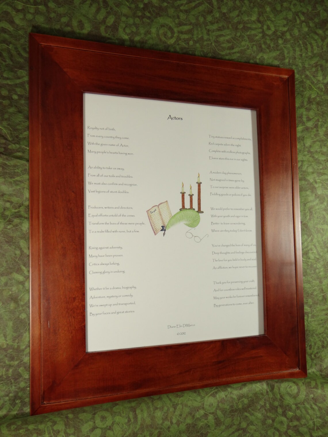Actors Poem, 11 X 14, With Original Watercolor Illustration of a Green ...