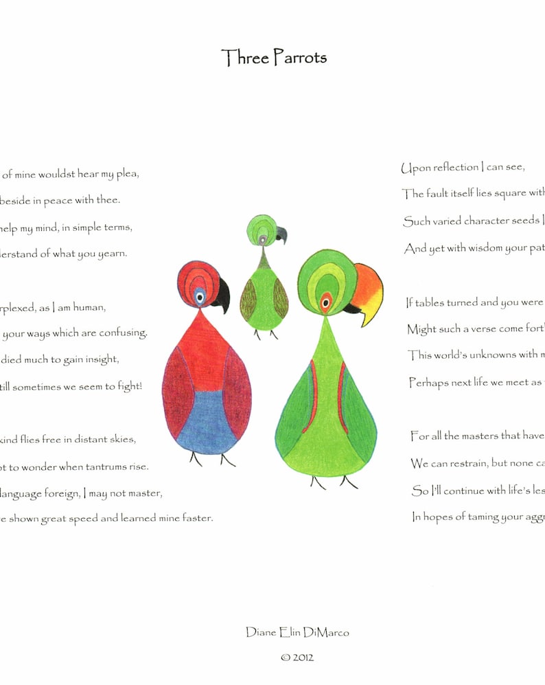 Three Parrots Poem, 11 X 14, With Original Watercolor Illustration of ...