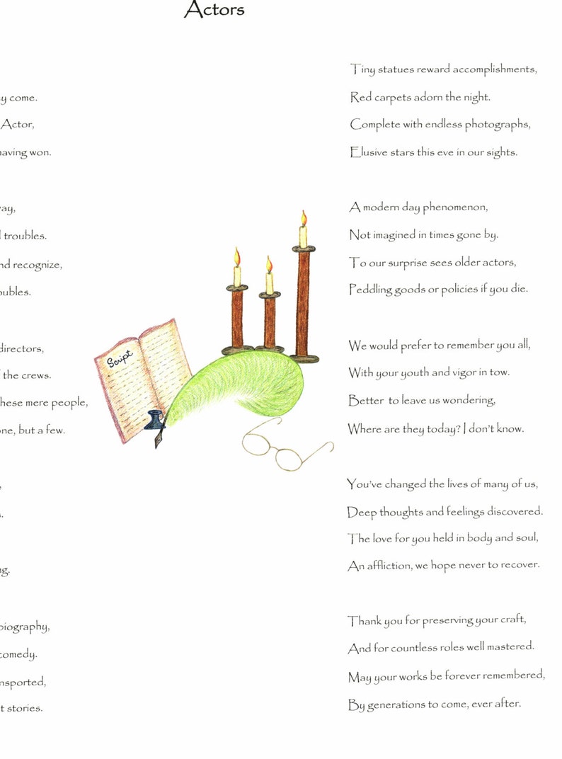 Actors Poem, 11 X 14, With Original Watercolor Illustration of a Green ...