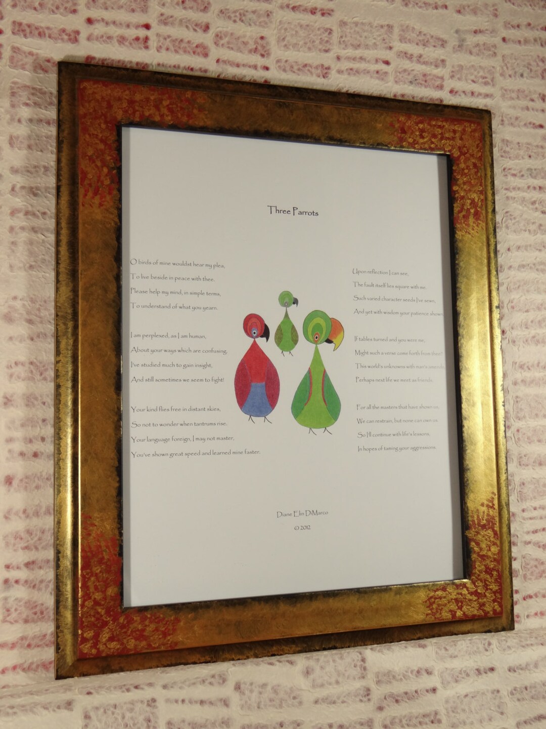 Three Parrots Poem, 11 X 14, With Original Watercolor Illustration of ...