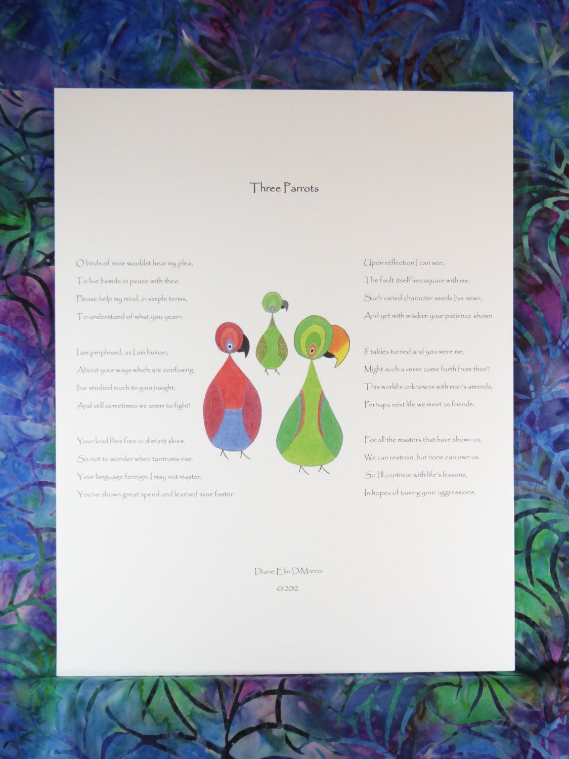 Three Parrots Poem, 11 X 14, With Original Watercolor Illustration of ...