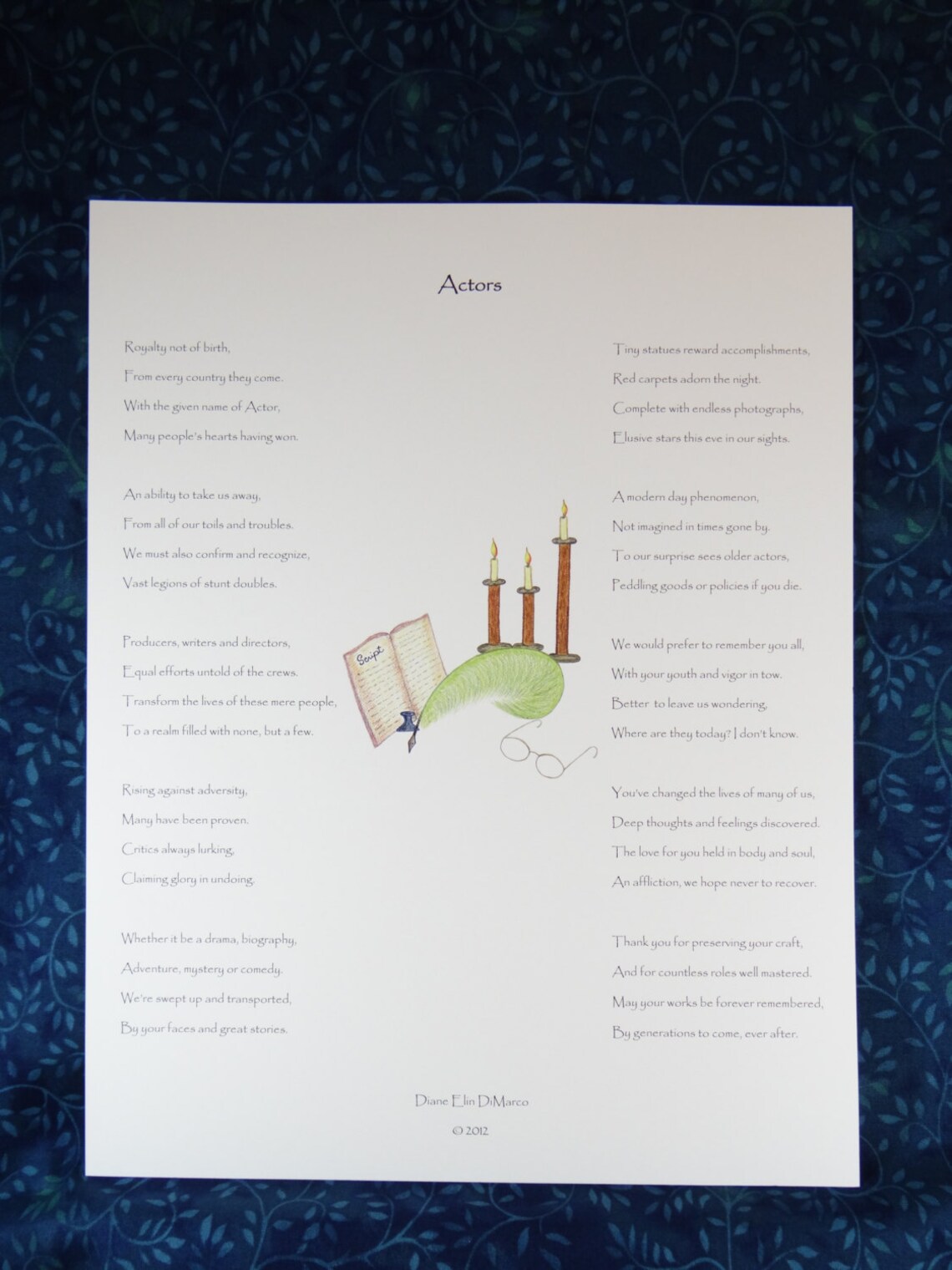 Actors Poem, 11 X 14, With Original Watercolor Illustration of a Green ...
