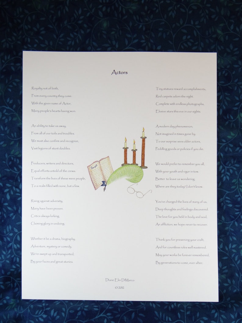 Actors Poem, 11 X 14, With Original Watercolor Illustration of a Green ...