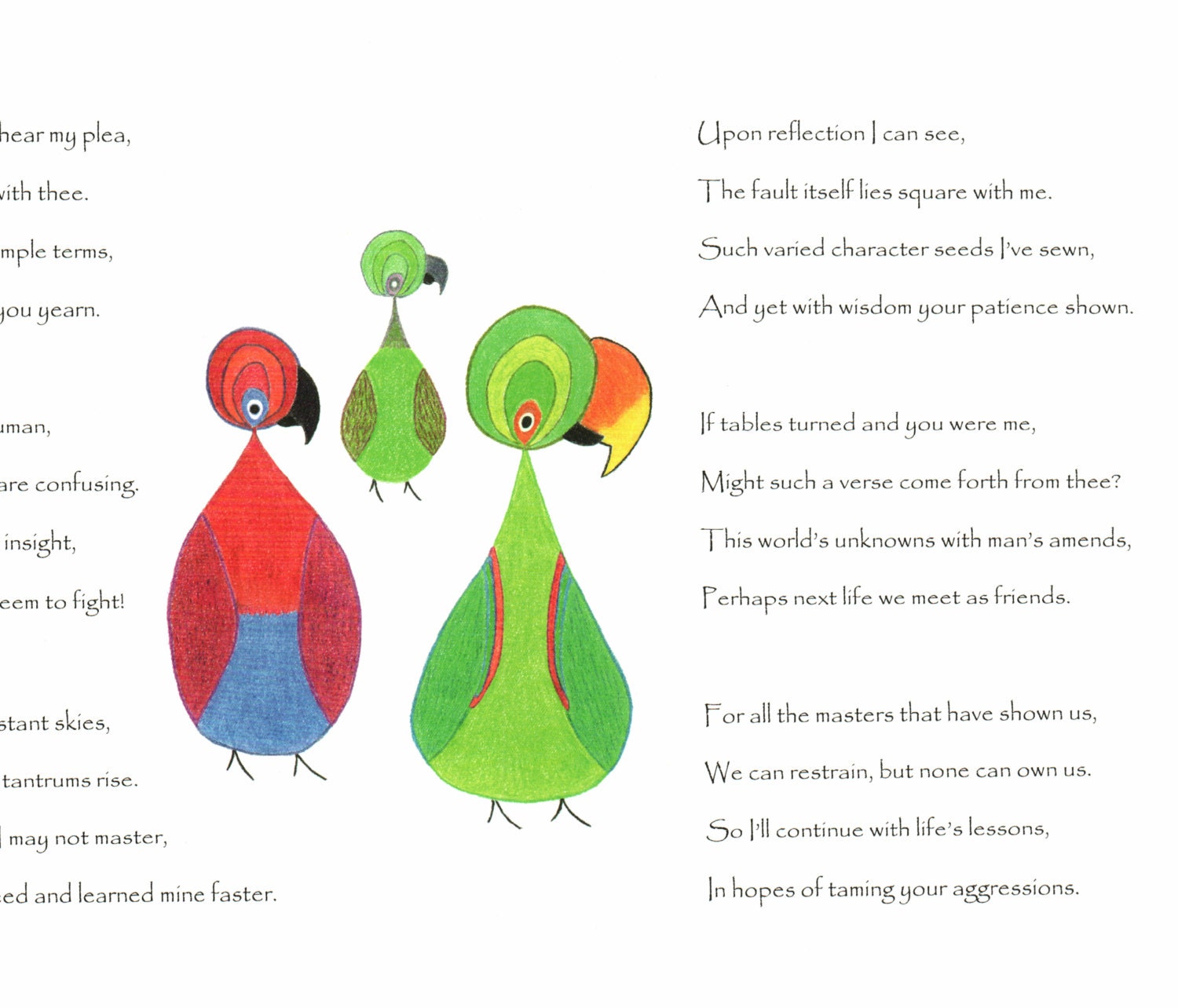 Three Parrots Poem, 11 X 14, With Original Watercolor Illustration of ...