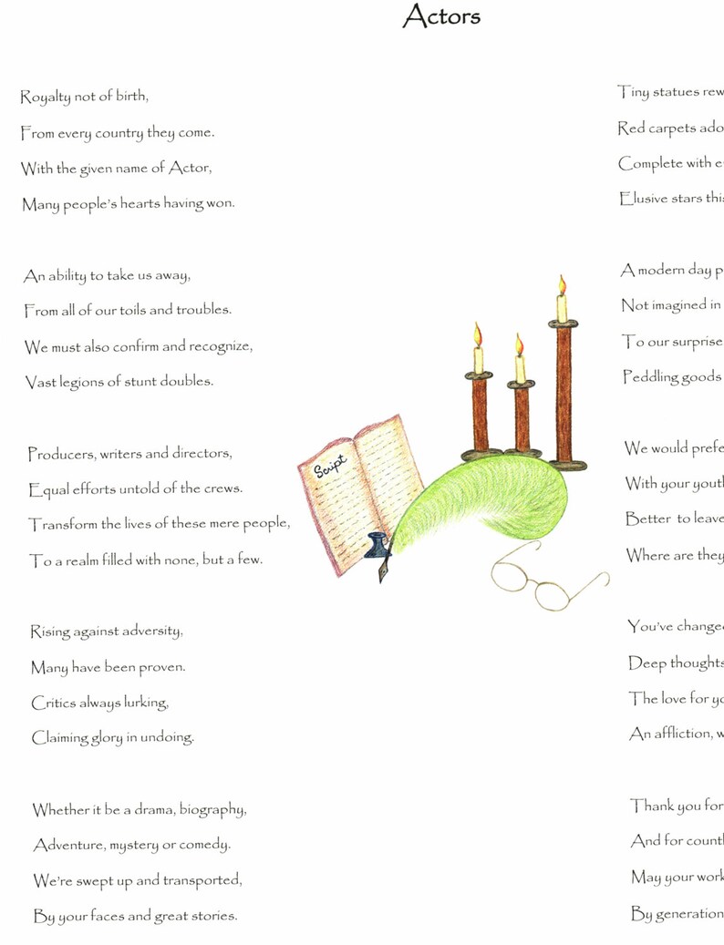 Actors Poem, 11 X 14, With Original Watercolor Illustration of a Green ...