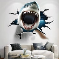 3D White Shark Wall Decal | Realistic Shark With Open Jaws Wall Sticker ...