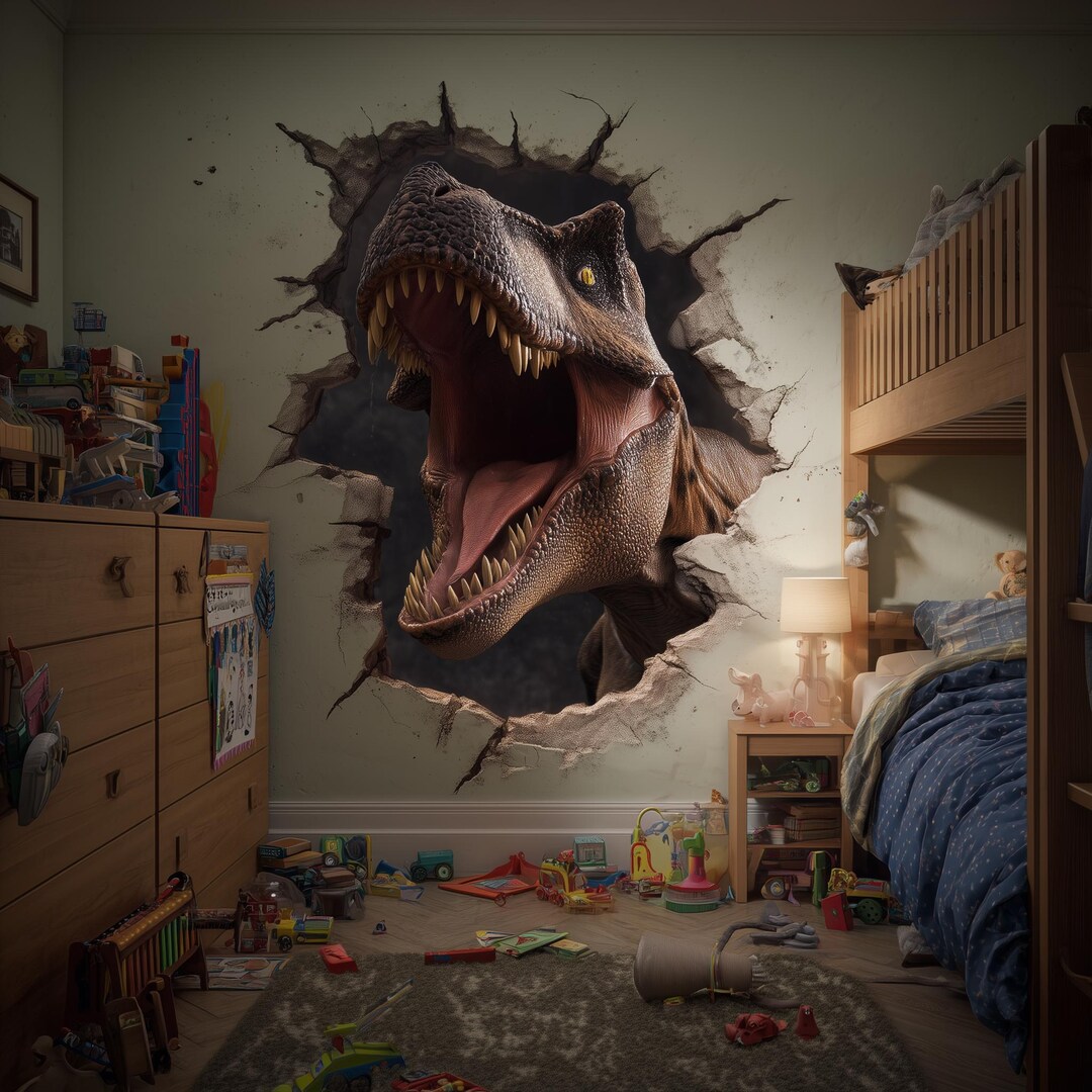 3D T-rex Wall Decal | Dinosaur Breaking Wall Sticker | Boys Room Dino ...