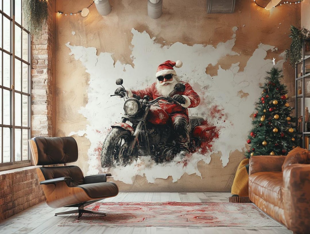 Biker Santa Wall Mural | Adventurous Christmas Decor | Santa on ...