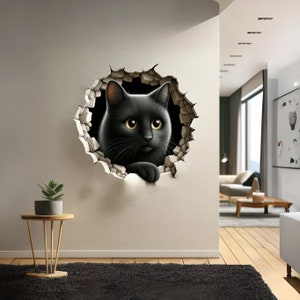 3D Cat Art Wall Sticker - Cracked Illusion Kitty Vinyl Decor - Peel-and ...