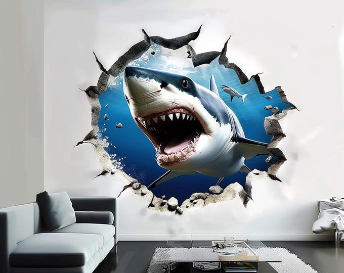 3D Great White Shark Wall Sticker Realistic Shark Bursting Through Wall ...
