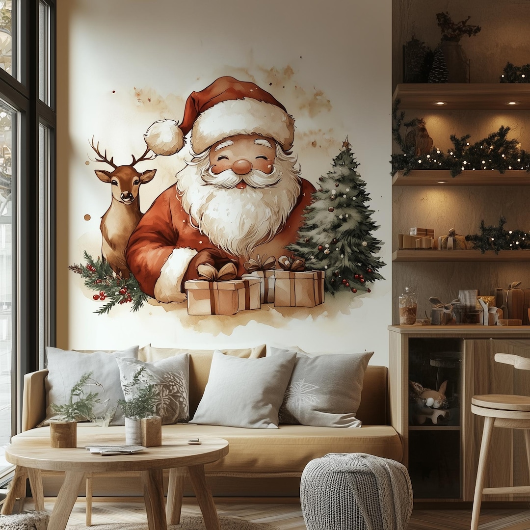 Santa Reindeer Wall Mural | Whimsical Christmas Decal | Holiday Wall ...