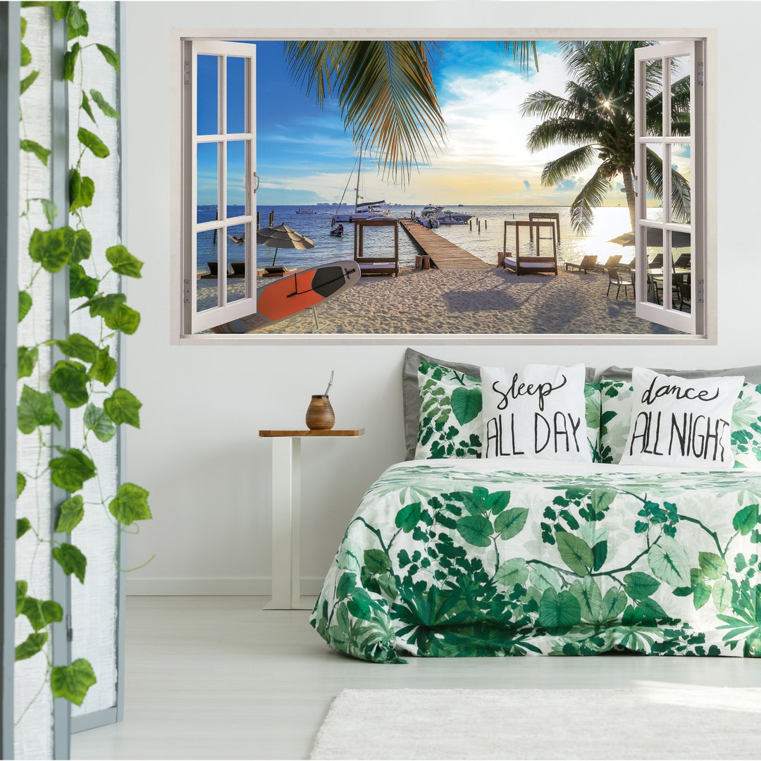 3d Window Beach View Wall Sticker - Removable Bedroom Ocean Scene Vinyl ...