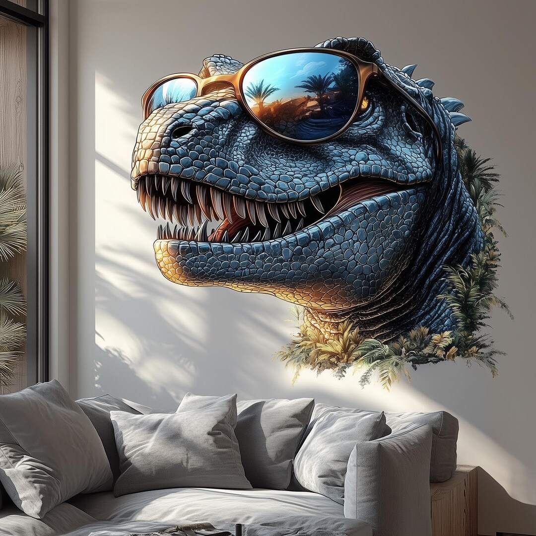 Dinosaur Wall Decal With Sunglasses | 3D Cool Raptor Art | Fun Jurassic ...