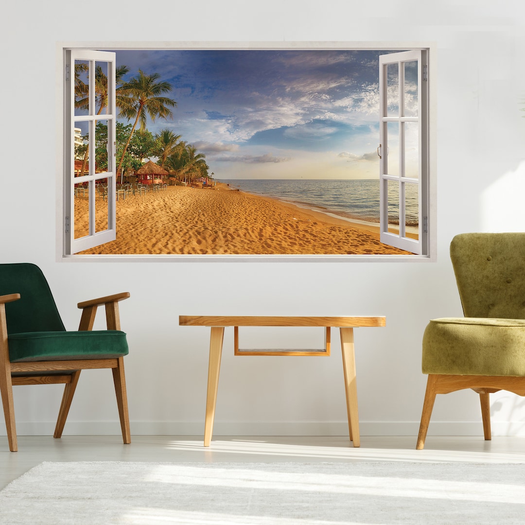3d Window Beach View Wall Sticker - Removable Bedroom Ocean Scene Vinyl ...