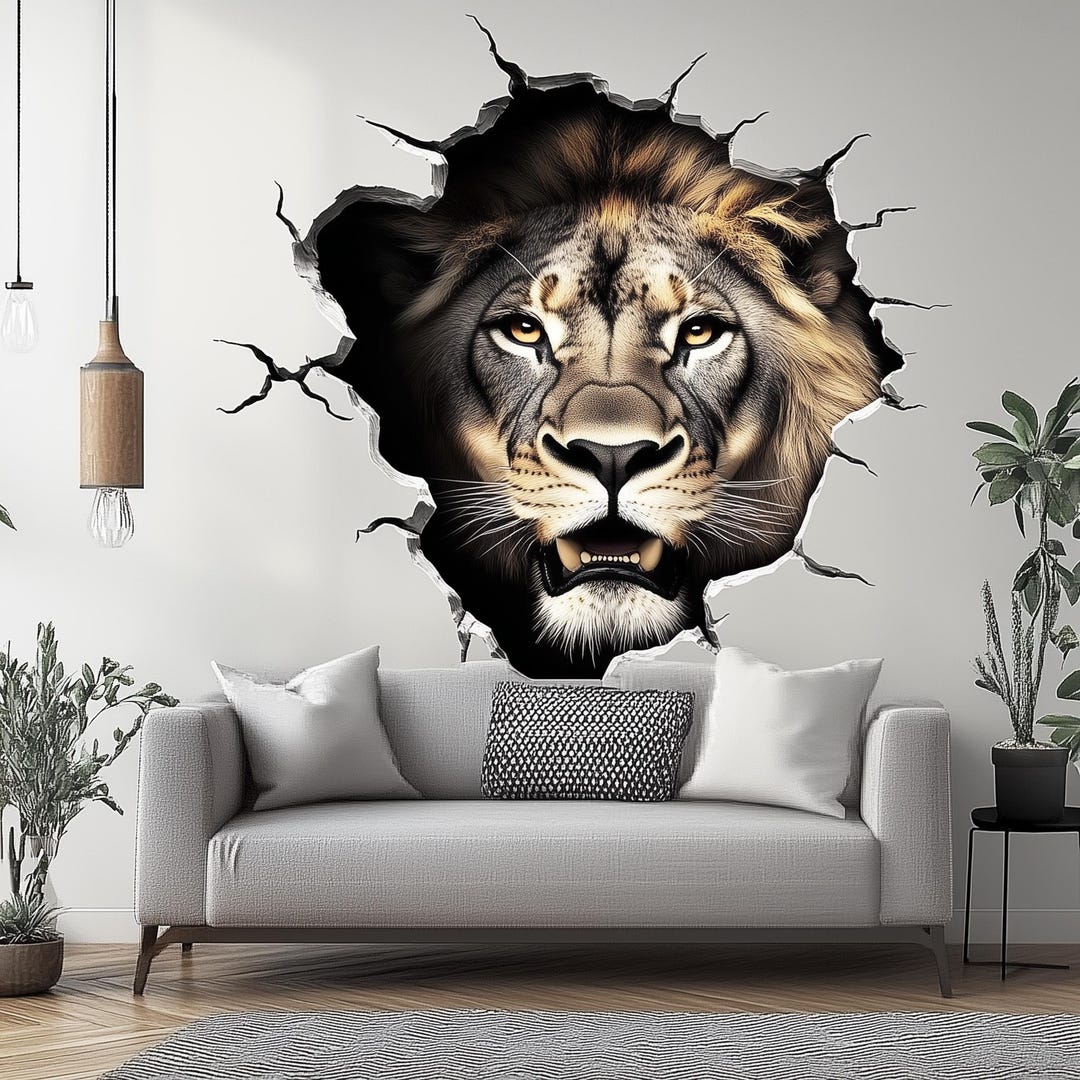 Lion Wall Decal | 3D Breakthrough Lion Head Sticker | Bold Animal Wall ...