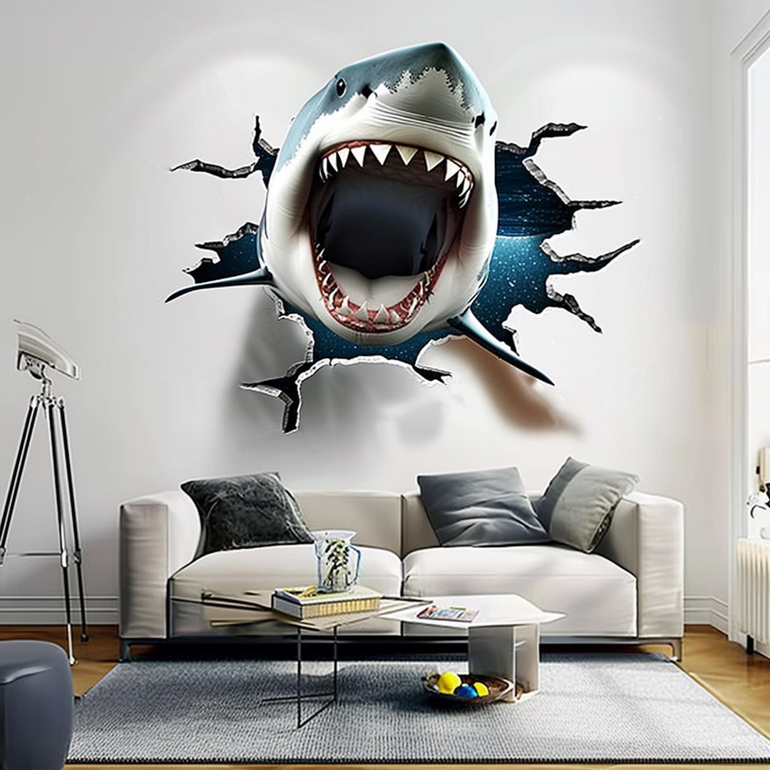 3D White Shark Wall Decal | Realistic Shark With Open Jaws Wall Sticker ...