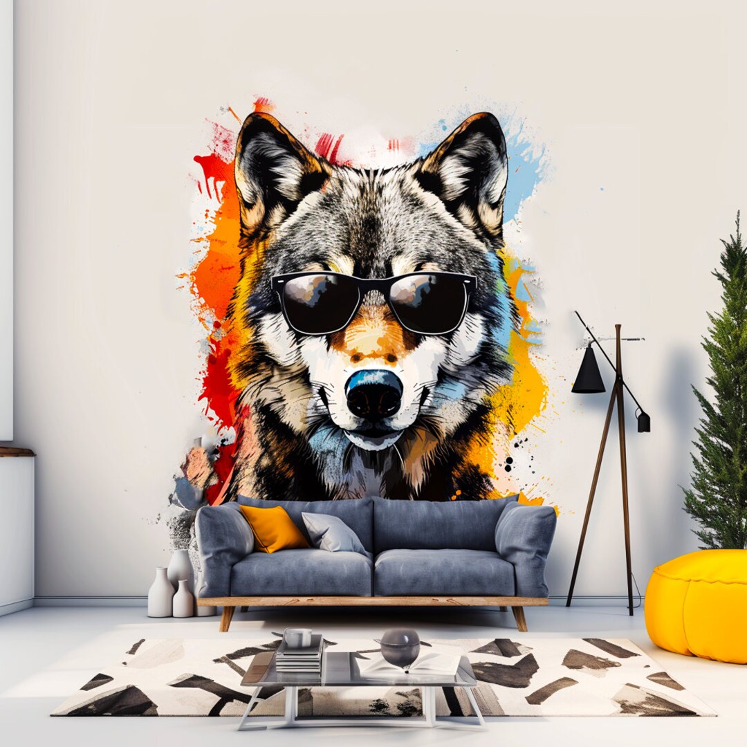 Colorful Wolf Wall Sticker Decals With Sunglasses - Modern Wolf Art ...
