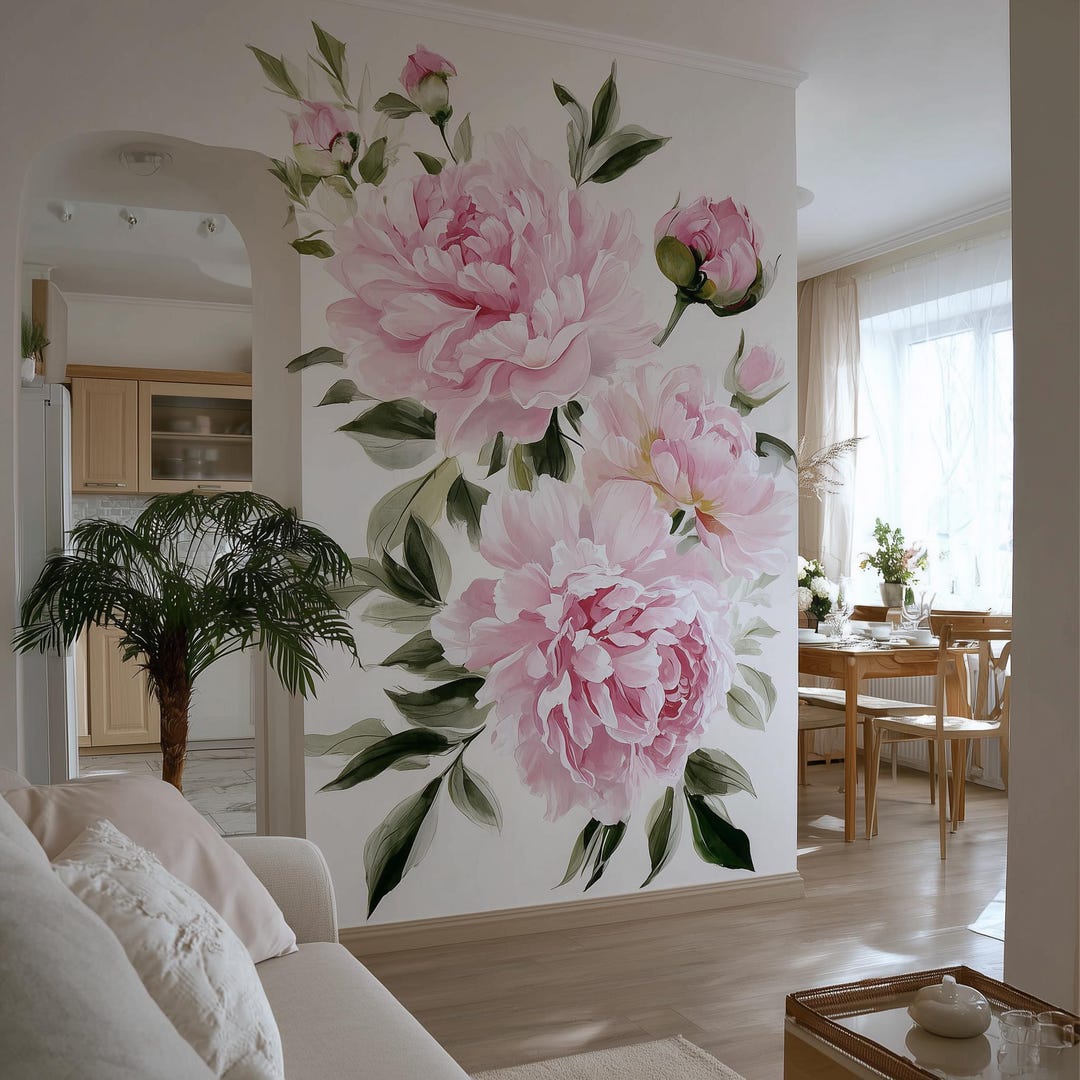 Pink Peony Wall Mural | Large Floral Wall Decal | Romantic Flower Wall ...