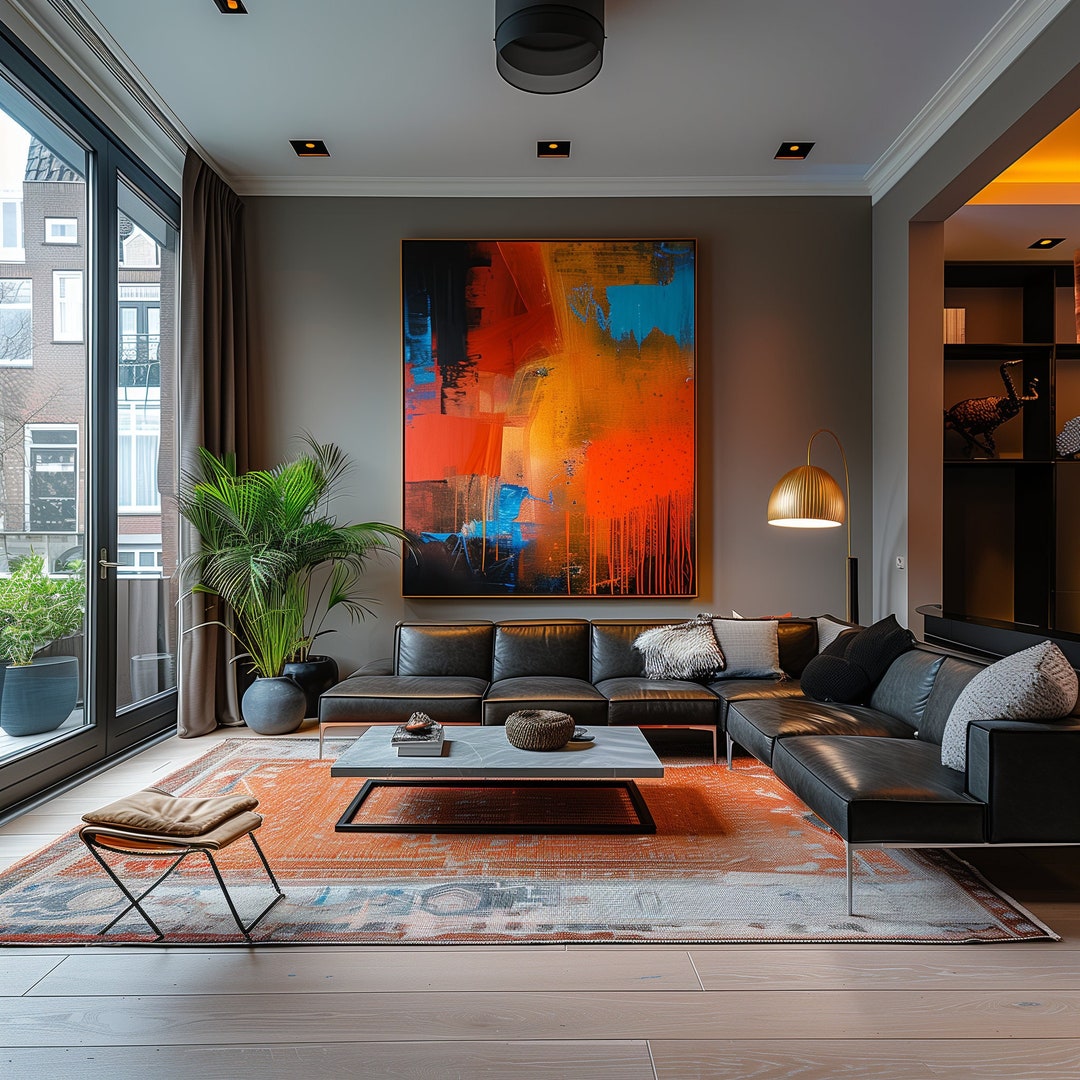 Vibrant Abstract Wall Art Canvas - Bold Blue and Orange Brushstroke ...