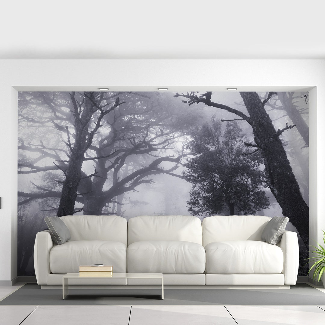 Misty Forest Wall Mural | Foggy Trees Wallpaper Sticker | Dark Forest ...