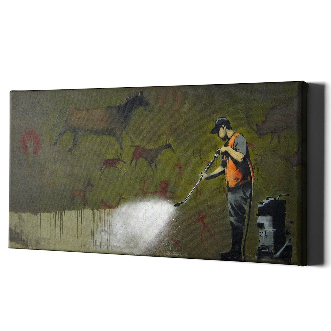Banksy Cleaner on Canvas Painting Print - Brush Spray Framed Street Art ...