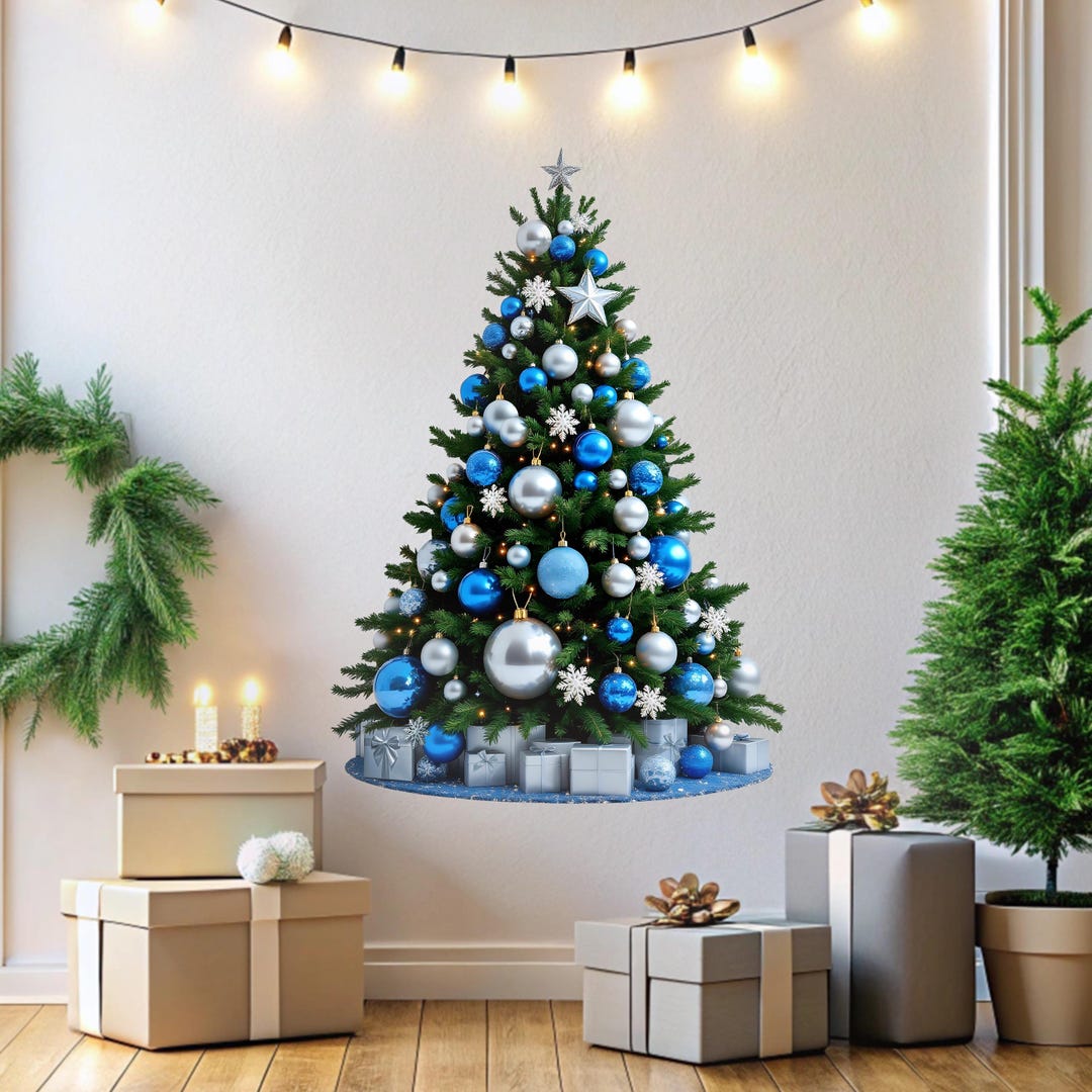 Blue and Silver Christmas Tree Wall Decal | Interactive Holiday Wall ...