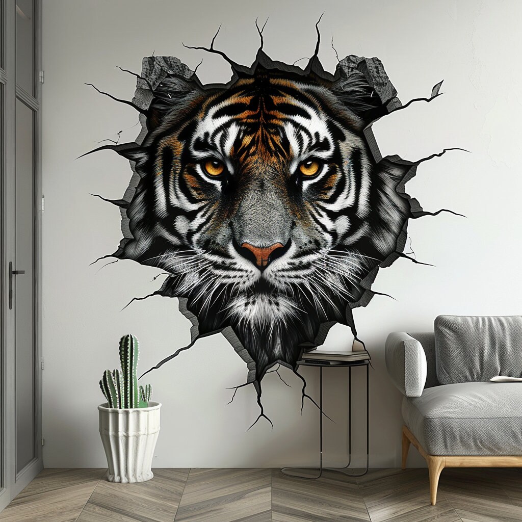 Realistic 3D Tiger Head Wall Decal - Tiger Breaking Through Wall ...